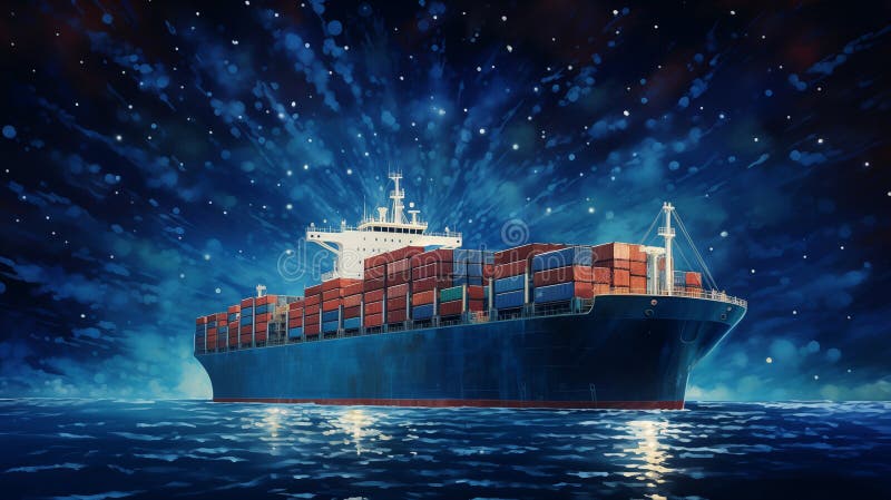 Container Ship Sailing through the Vast Expanse of the Ocean at Night ...
