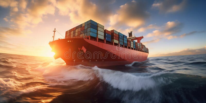 Container Ship Sailing through the Vast Expanse of the Ocean at Sunset ...