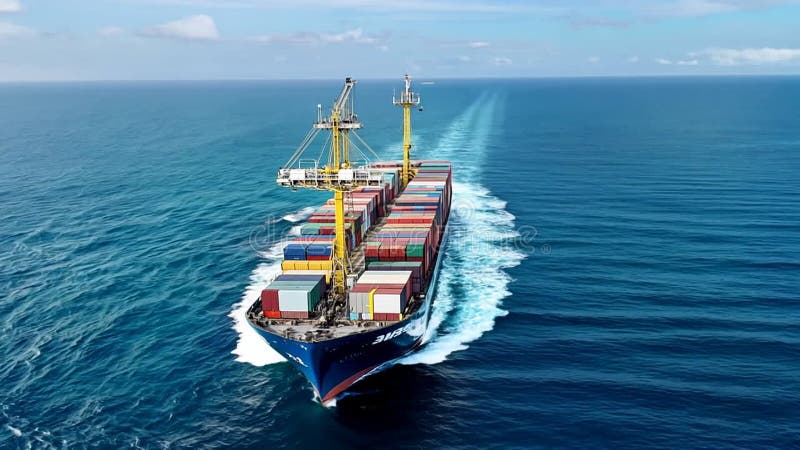 A Container Ship Sails on a Calm, Blue Sea with a Bright Blue Sky and ...