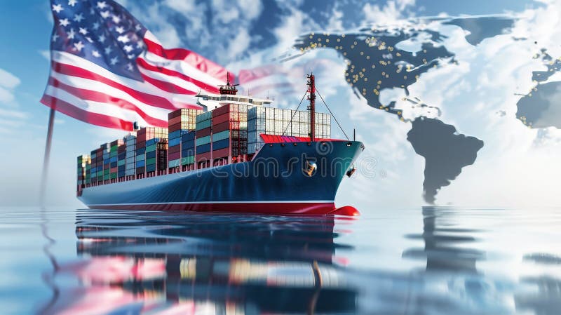 A Container Ship Sails Elegantly with an American Flag Flying in the ...