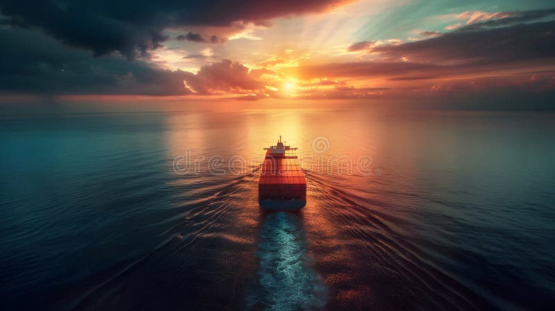 Container Ship Sailing in Ocean at Sunset Stock Illustration ...