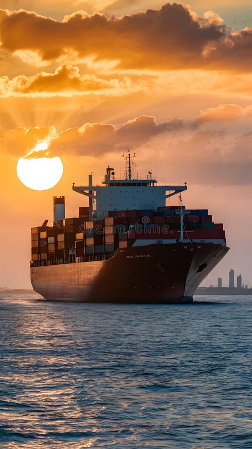 Container Ship Sails at Sunset, Representing International Freight ...