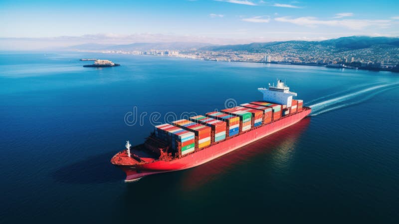 Container Ship in the Sea. Aerial View. 3d Rendering Stock Illustration ...