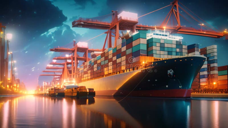 Container Ship in the Sea at Sunset. 3d Render Illustration, a ...