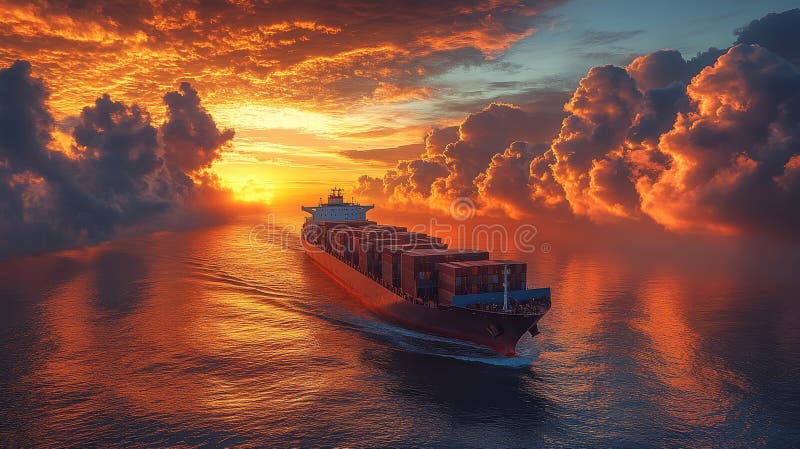 Container Ship at Sea during Vibrant Sunset with Dramatic Clouds Stock ...