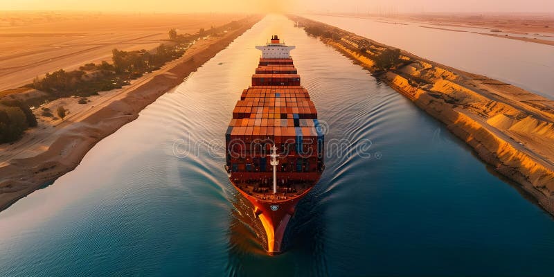 A Container Ship Stuck in a Sandy Canal Causing a Global Marine Traffic ...