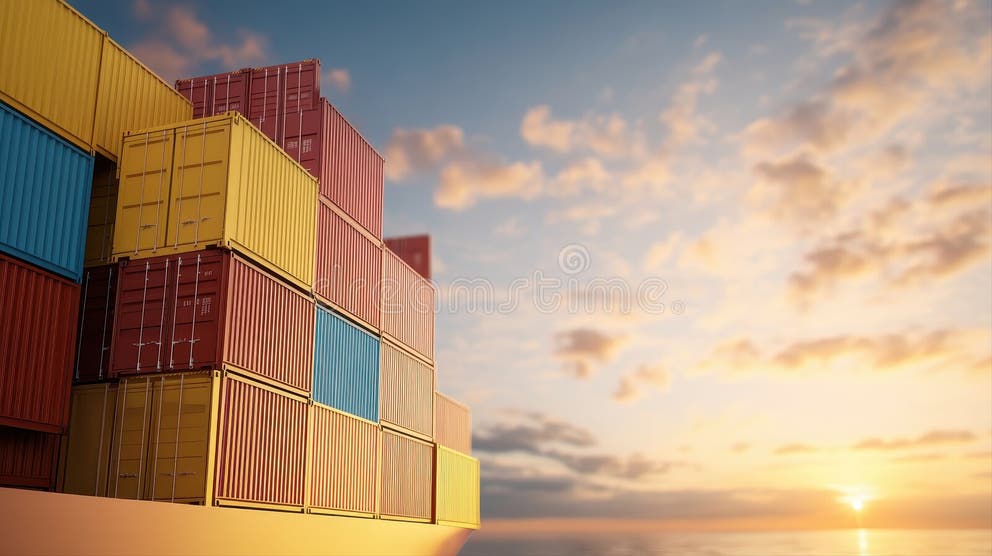Container Ship at Sunset with Freight Containers Being Loaded and a ...
