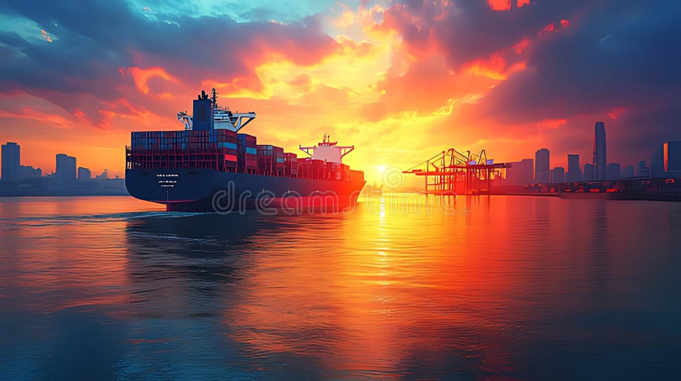 Container Ship Sunset Harbor Arrival City Logistics Stock Illustration ...