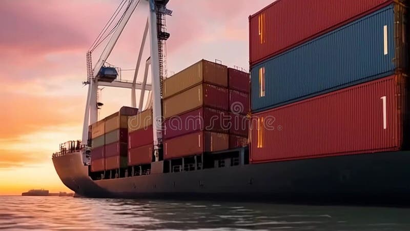 Container Ship at Sunset stock video. Video of ship - 369621329