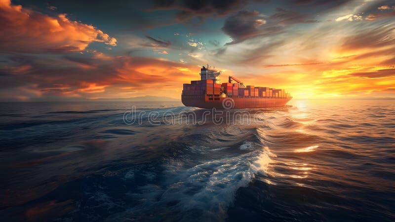 Container Ship at Sunset Ocean in the Style of Realism Stock ...