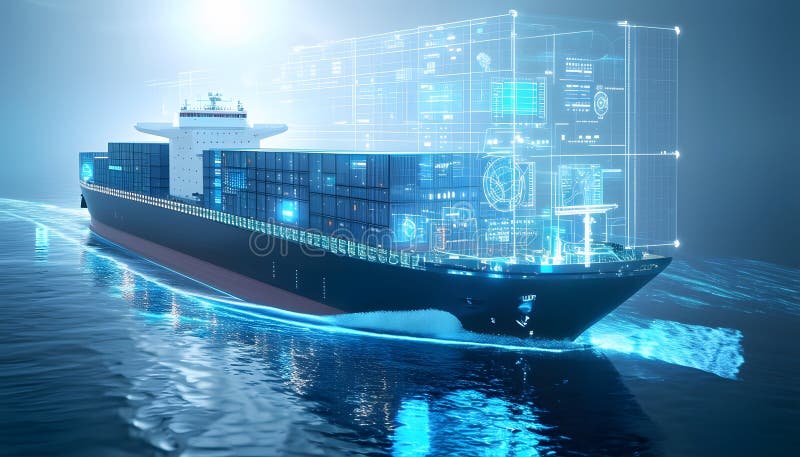 Container Ship Surrounded by Digital Data. Stock Illustration ...