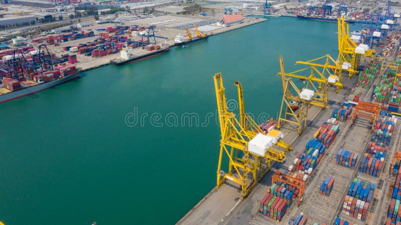 Container Ship Terminal, and Quay Crane of Container Ship at Industrial ...