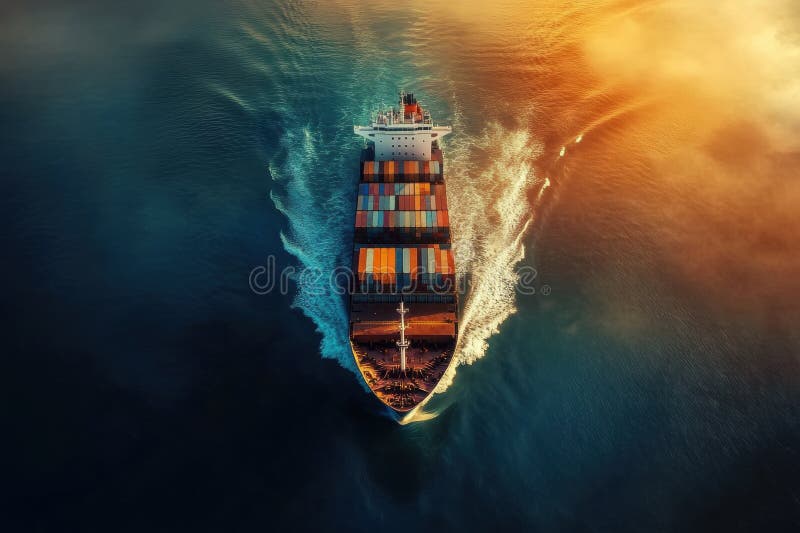 Container Ship Transporting Cargo at Sunset, Aerial View Stock Photo ...