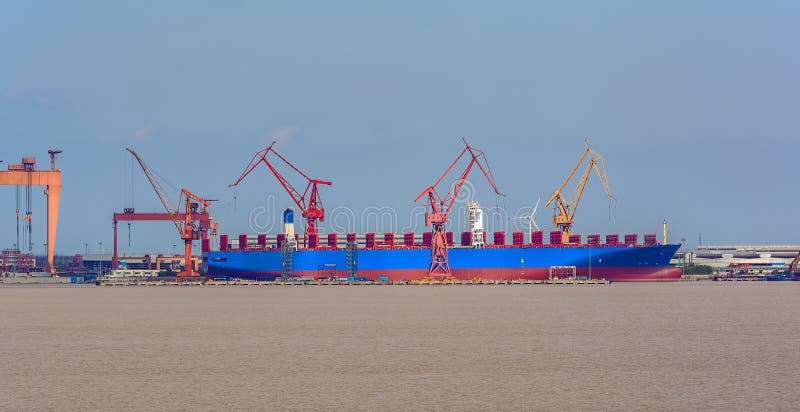 Container Ship Under Construction at Shipyard. Stock Image - Image of ...
