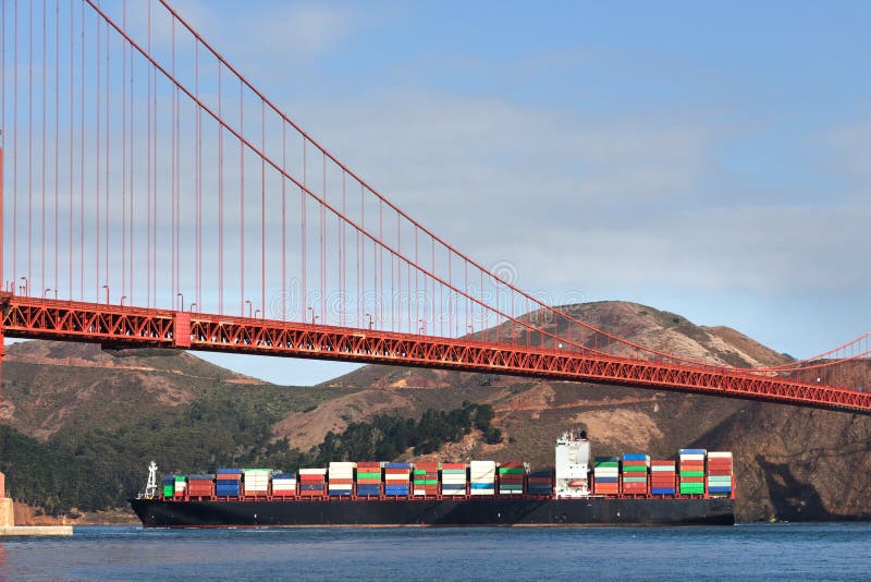 Container Ship Under the Golden Gate Bridge. Stock Photo - Image of ...