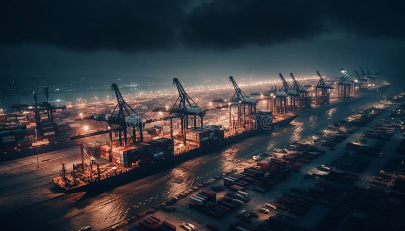 Container Ship Unloading Cargo at Illuminated Commercial Dock at Dusk ...