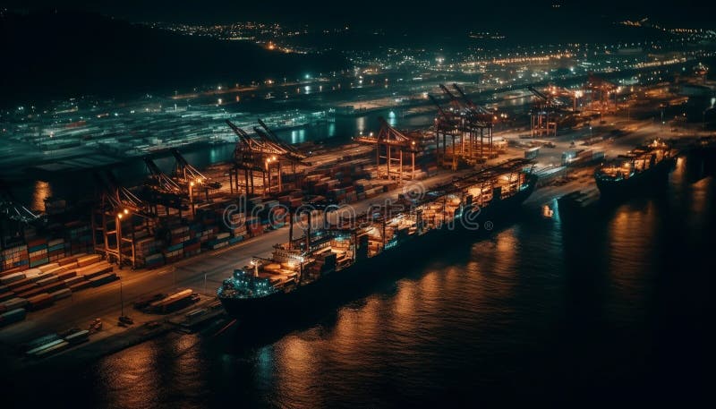 Container Ship Unloading Cargo at Illuminated Commercial Dock at Dusk ...