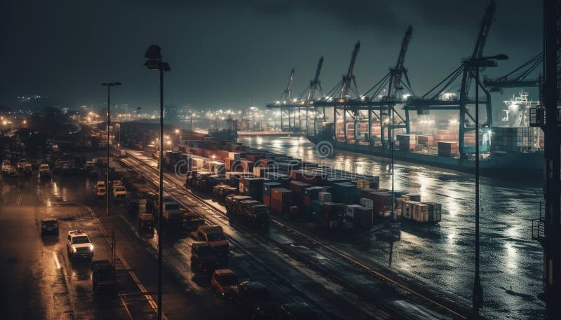 Container Ship Unloading Cargo at Industrial Dock in City Skyline ...