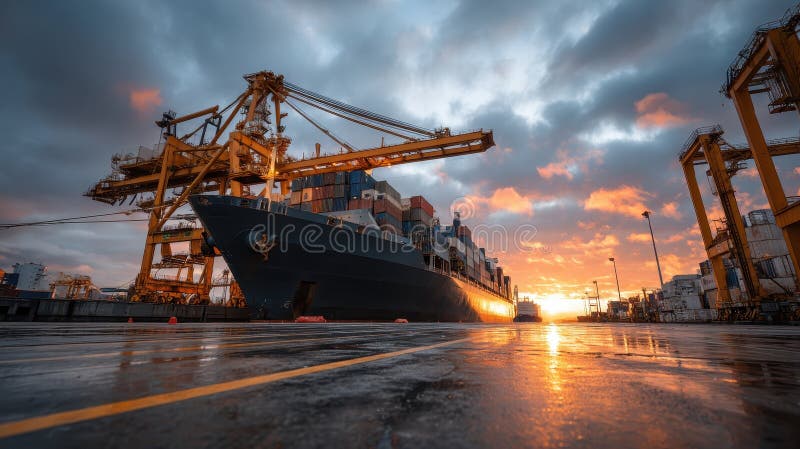 Container Ship Unloading Cargo at Port Industry Scene Sunset View ...