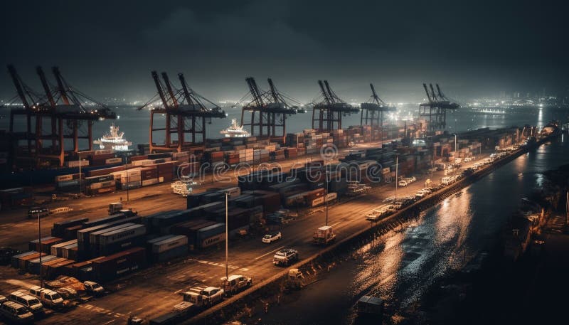 Container Ship Unloading at Commercial Dock with Construction Machinery ...