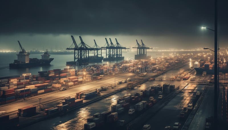Container Ship Unloading at Commercial Dock at Dusk Generated by AI ...