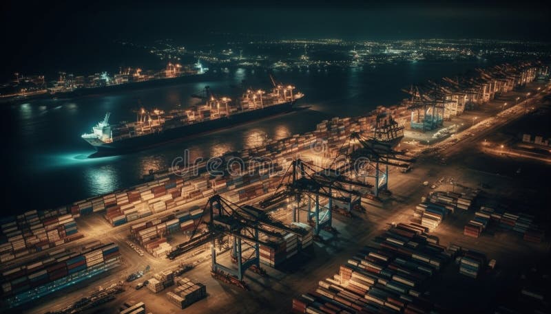 Container Ship Unloading at Commercial Dock on Illuminated Waterfront ...