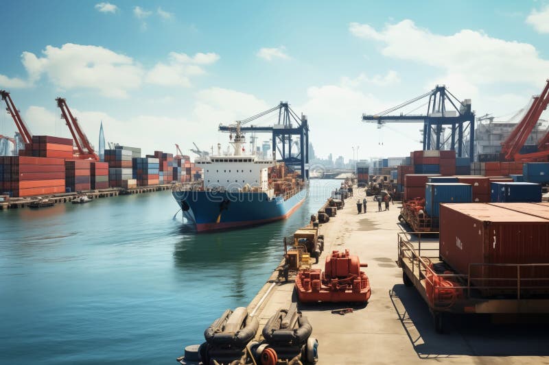 Container Ship Unloading Freight or Loads Cargo at Industrial Port ...