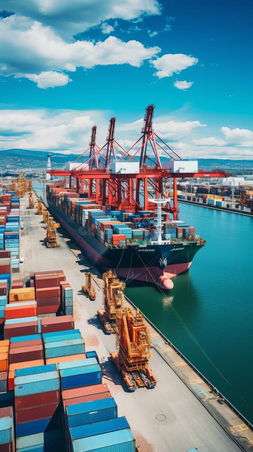 Container Ship Unloading Freight or Loads Cargo at Industrial Port ...