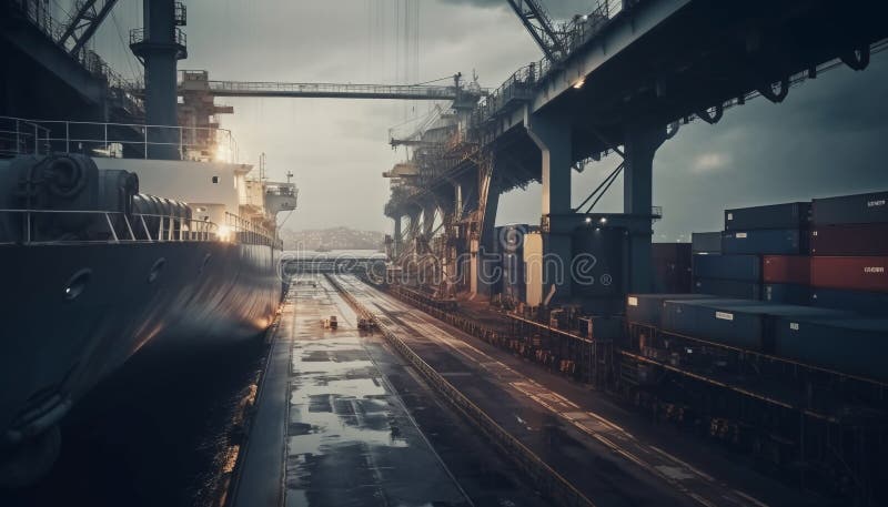 Container Ship Unloading Heavy Cargo at Commercial Dock at Dusk ...