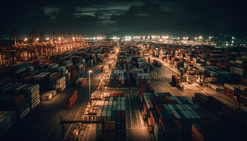 Container Ship Unloading Heavy Cargo at Illuminated Commercial Dock at ...