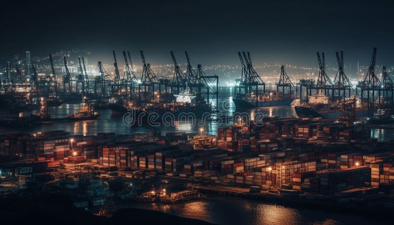Container Ship Unloading at Illuminated Commercial Dock Generated by AI ...
