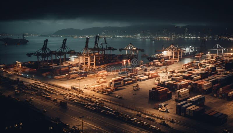 Container Ship Unloading at Illuminated Commercial Dock Generated by AI ...