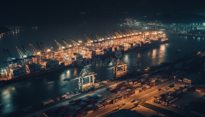 Container Ship Unloading at Illuminated Commercial Dock in Waterfront ...