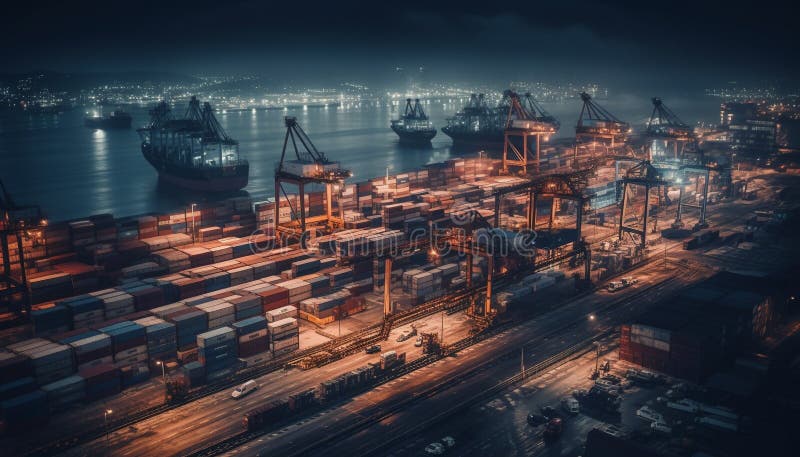 Container Ship Unloading Steel Cargo at Illuminated Commercial Dock at ...