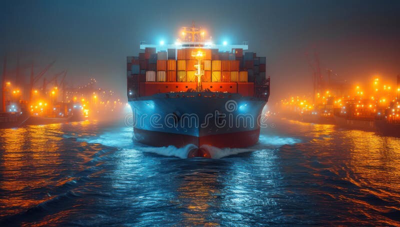Container Ship Vessel Navigating through Night Shipping Terminal ...