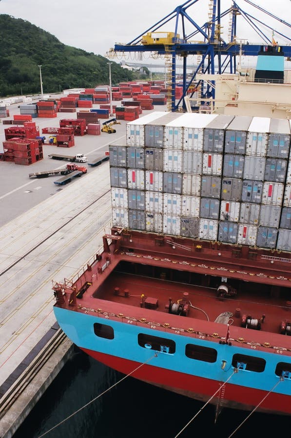 Container Ship Working with Hundreds of Containers of Goods. Stock ...
