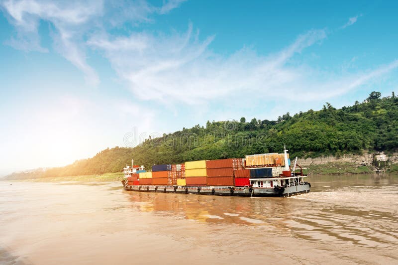 Container Ship on the Yangtze River Stock Photo - Image of industry ...