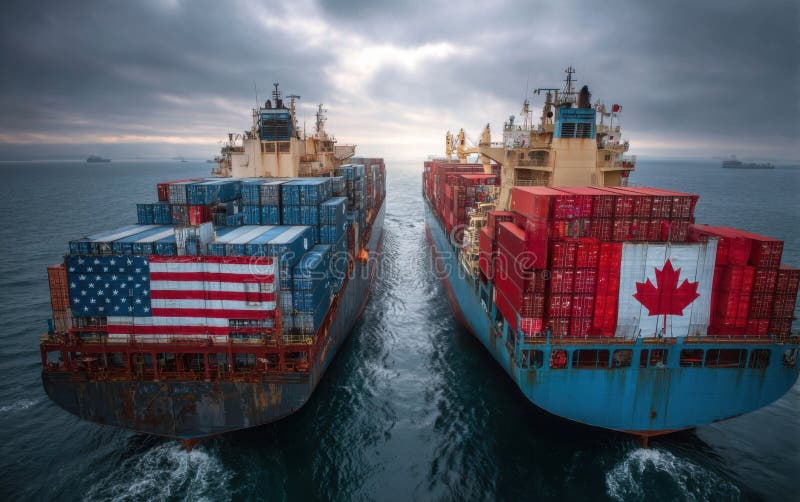 Container Ships with American and Canadian Flags Navigating through ...