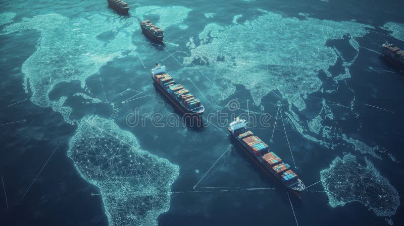 Container Ships on Digital World Map with Connection Lines Stock ...