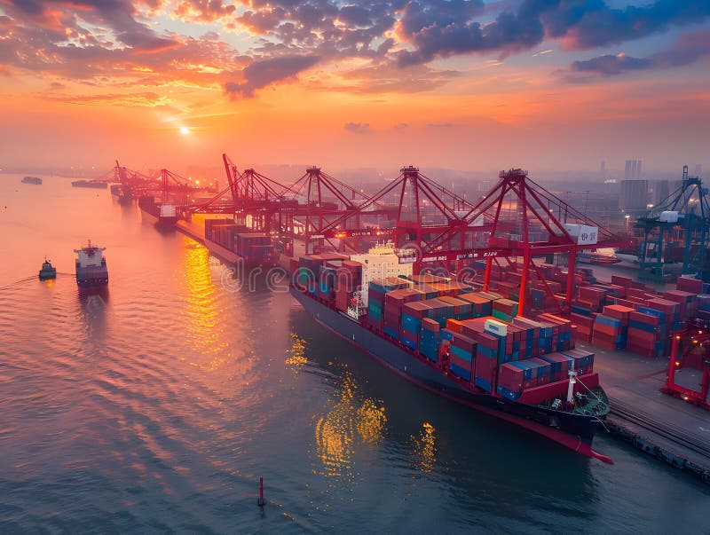 Container Ships Docked in a Port at Sunset Stock Illustration ...