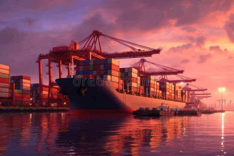 Container Ships Docked in a Port at Sunset. Generative AI Stock Image ...