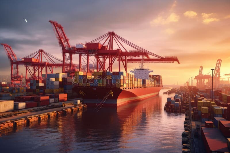 Container Ships Docked in a Port at Sunset. Generative AI Stock Photo ...
