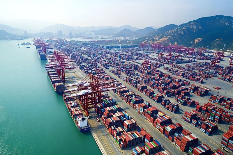 Container Ships Docking and Unloading at a Busy Cargo Port Stock Image ...