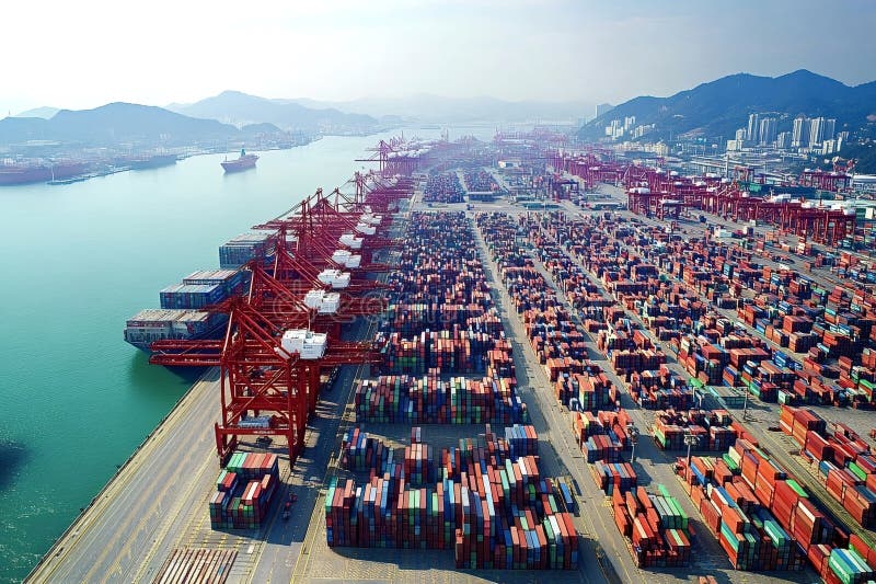 Container Ships Docking and Unloading at a Busy Port Stock Image ...