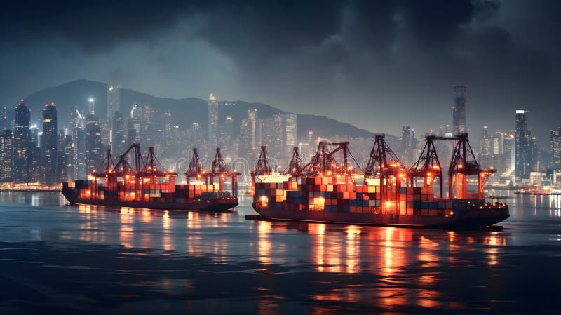 Container Ships Illuminated by City Lights in a Bustling Harbor Stock ...