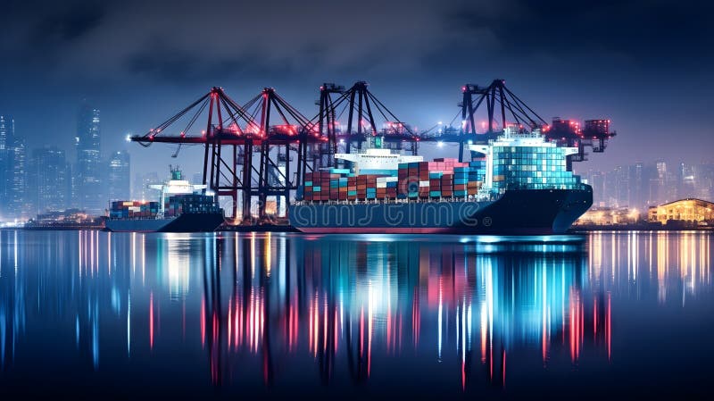 Container Ships Illuminated by City Lights in a Bustling Harbor Stock ...