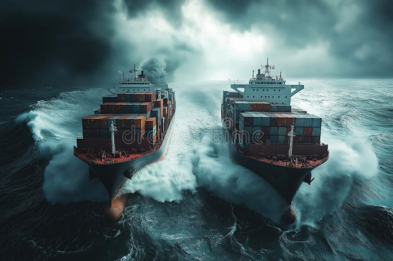 Two Large Cargo Ships Sailing in Rough Seas during a Storm Stock Illustration - Illustration of ...