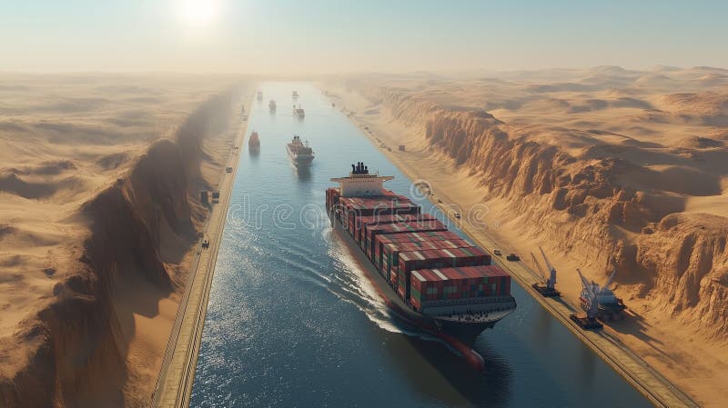 Container Ships Navigating the Suez Canal during a Clear Day Showcasing ... Container Ships Navigating the Suez Canal during a Clear Day Showcasing ...