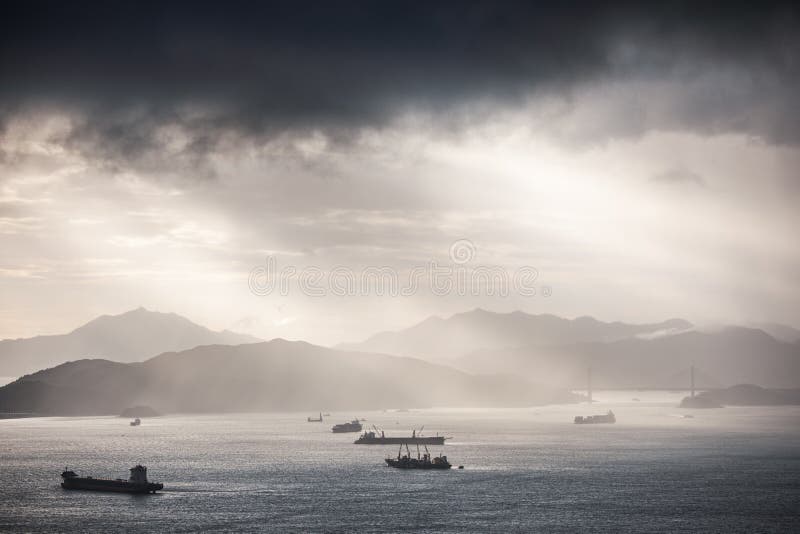 Container Ships in Ocean, South China Sea, Sunset Stock Image - Image ...