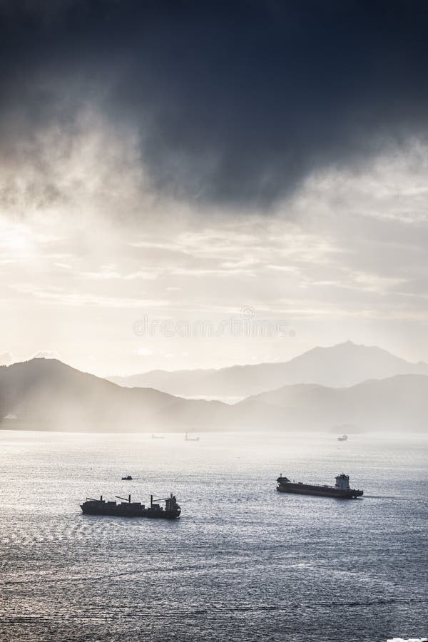 Container Ships in Ocean, South China Sea, Sunset Stock Image - Image ...